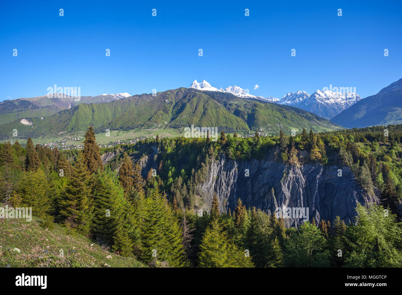 Svaneti mountains, Ushba mountain, view of the city of Mestia from the ...
