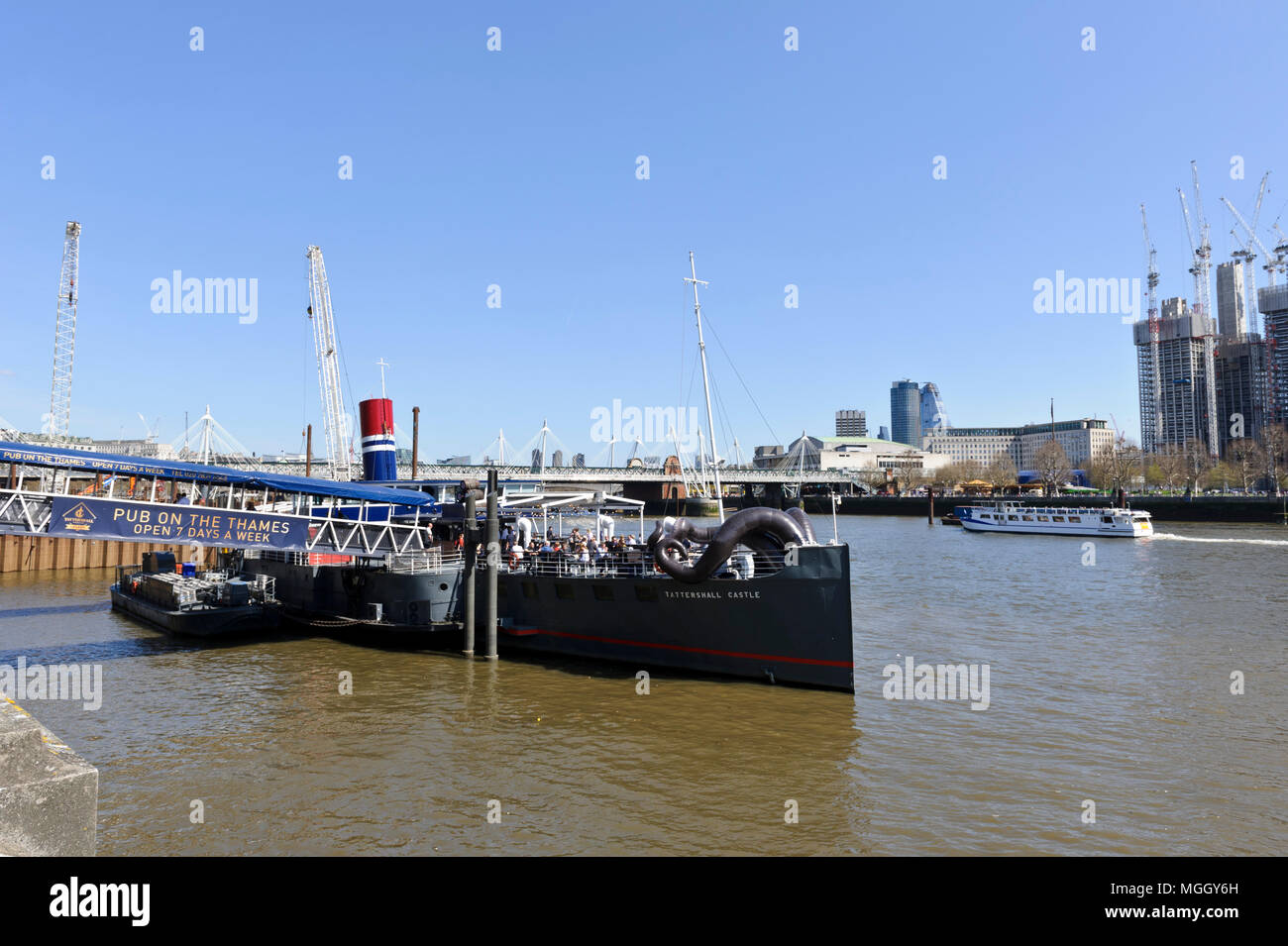 A floating restaurant and bar on the river Thames by the Embarkment ...