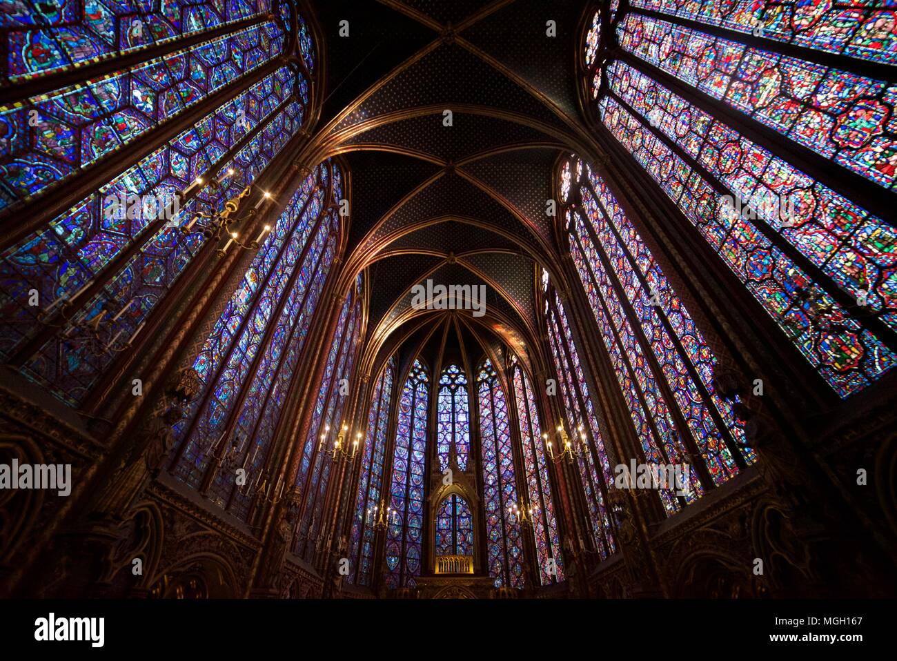 A wide angle shot showing the stained class windows at Sainte-Chapelle ...
