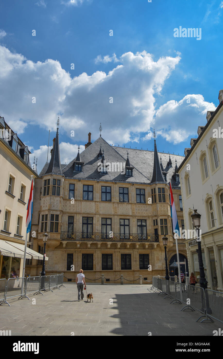 old street with buildings and people, on center of Luxembourg city ...