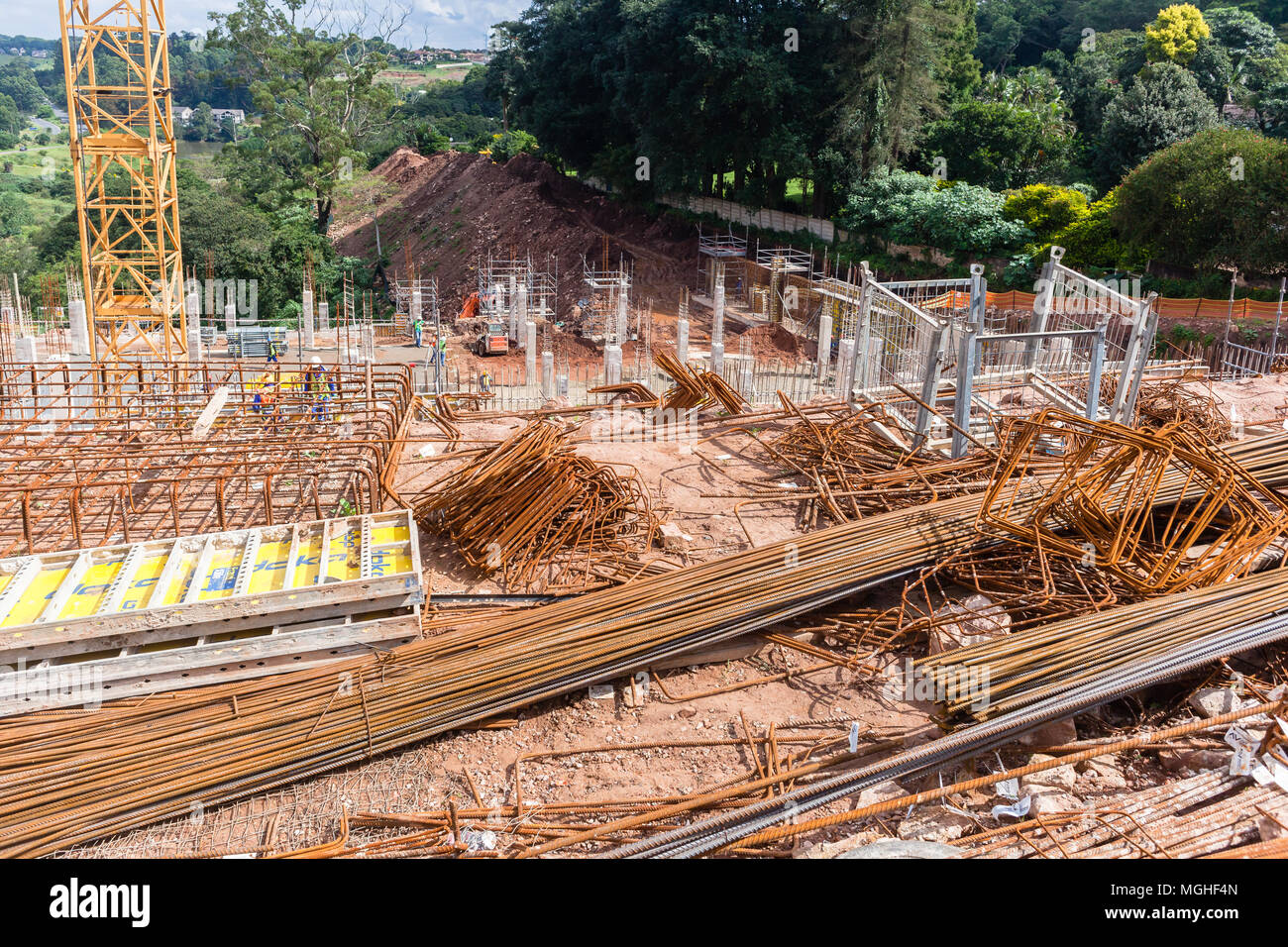 Building construction site steel materials concrete foundation ...