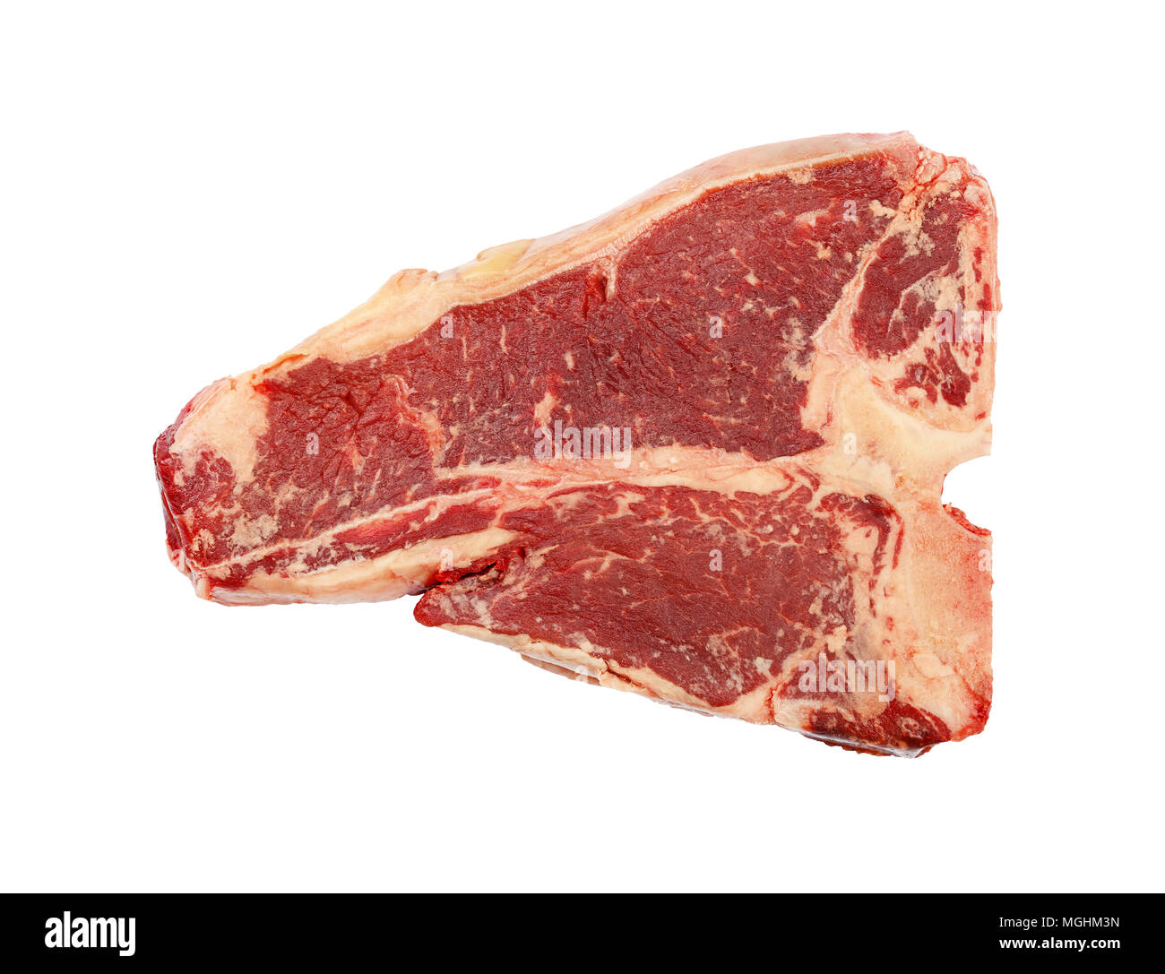 Close up one raw T-bone beef steak with rib bone isolated on white ...
