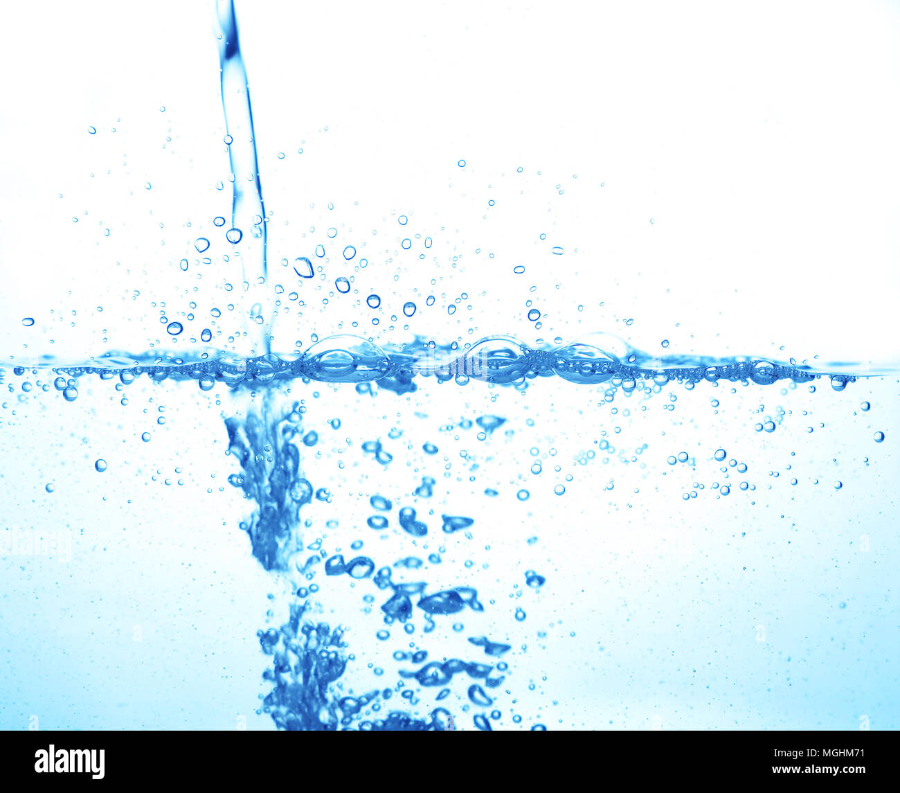 Close up water surface splashing with bubbles and drops isolated on ...