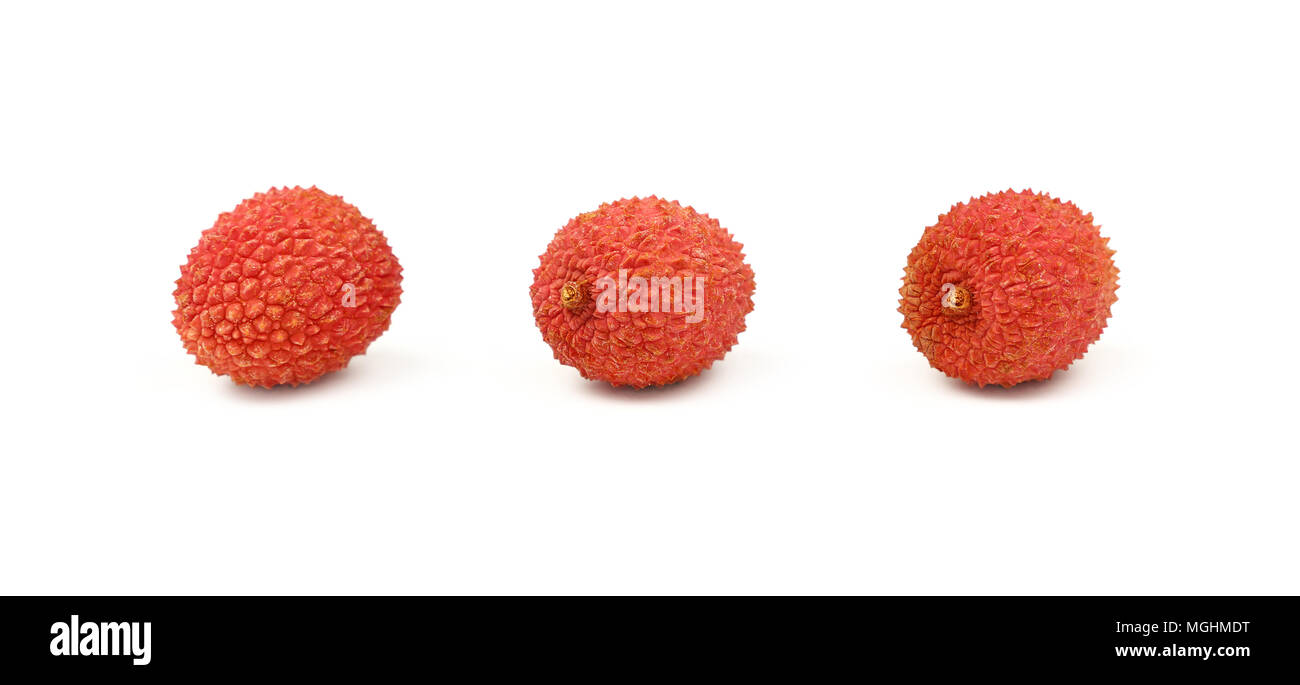 Three fresh red ripe lychee (Litchi chinensis) tropical fruits isolated ...