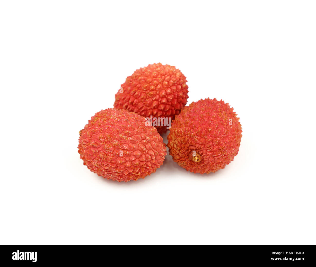 Close up group of three fresh red ripe lychee (Litchi chinensis ...