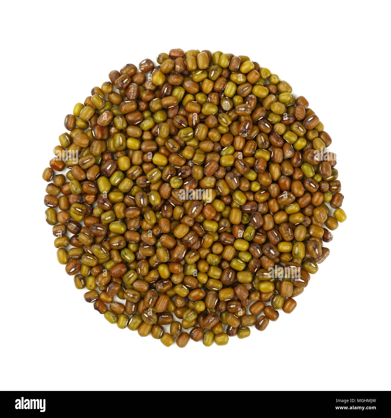 Round shaped green and brown dried Asian traditional mung (moong) gram ...