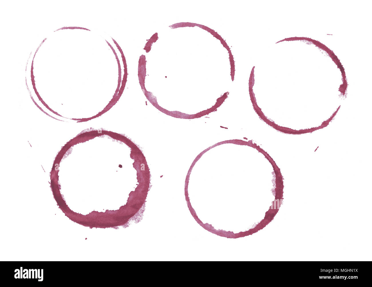 Dry stains of red wine glass or bottle circle rings and blob drops ...
