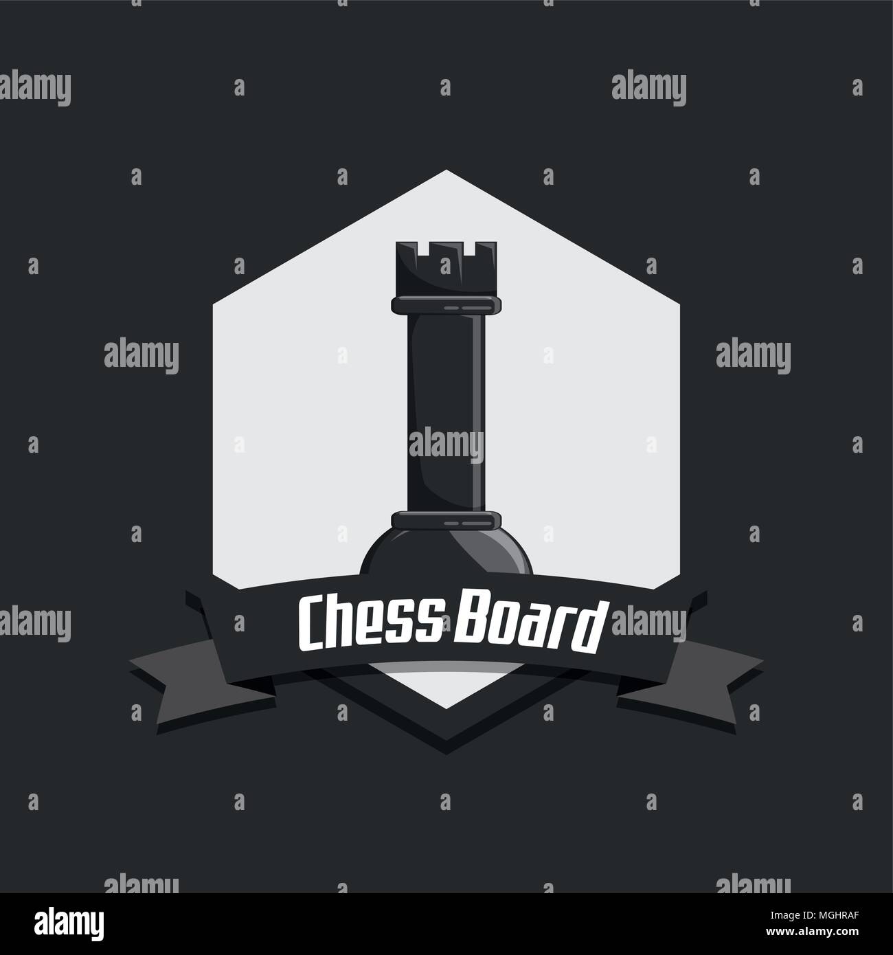 emblem of chess board with Rook piece over black background, colorful ...