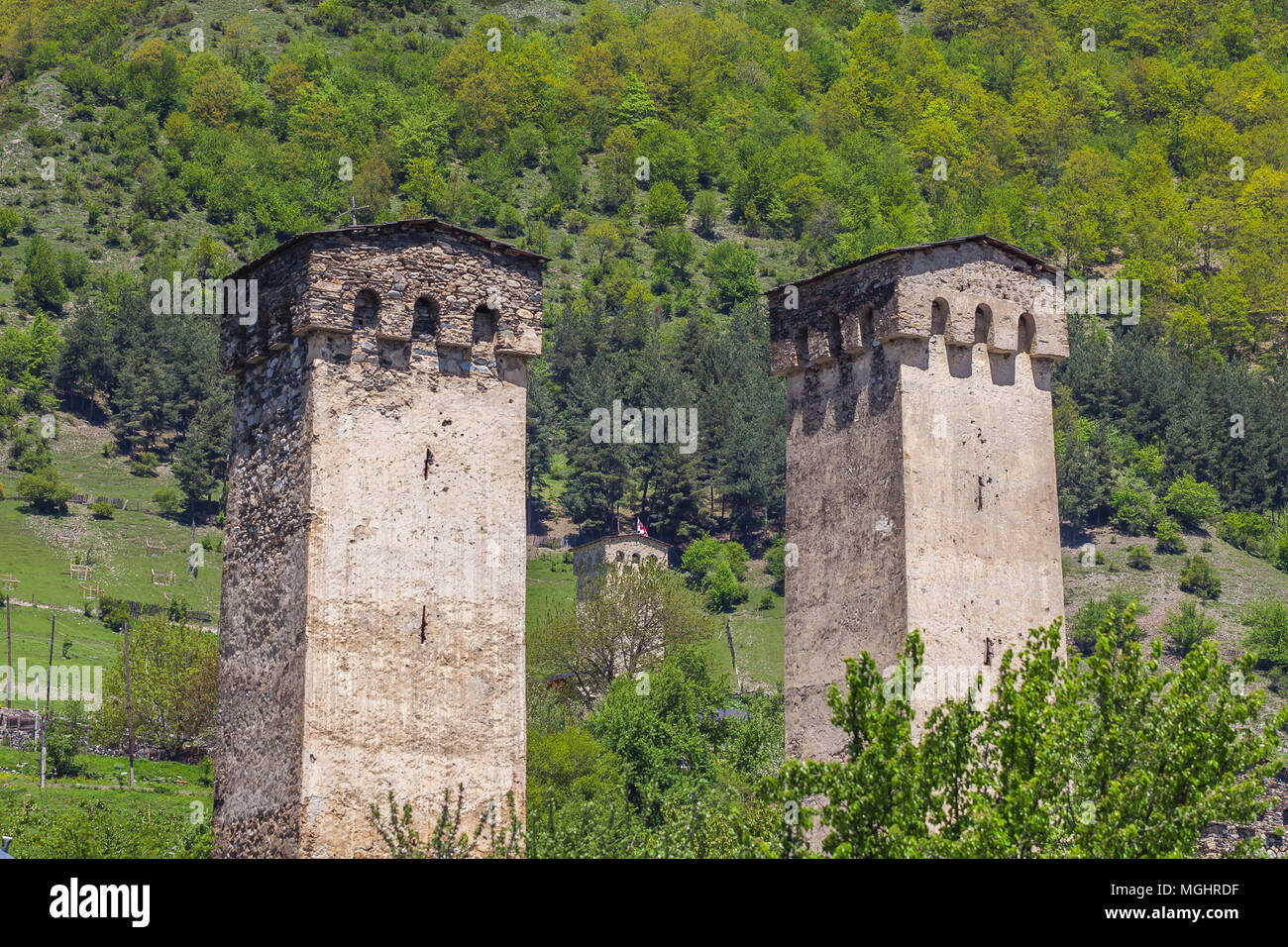 Towers of Mestia village in Svaneti area Caucasus mountains in Georgia ...