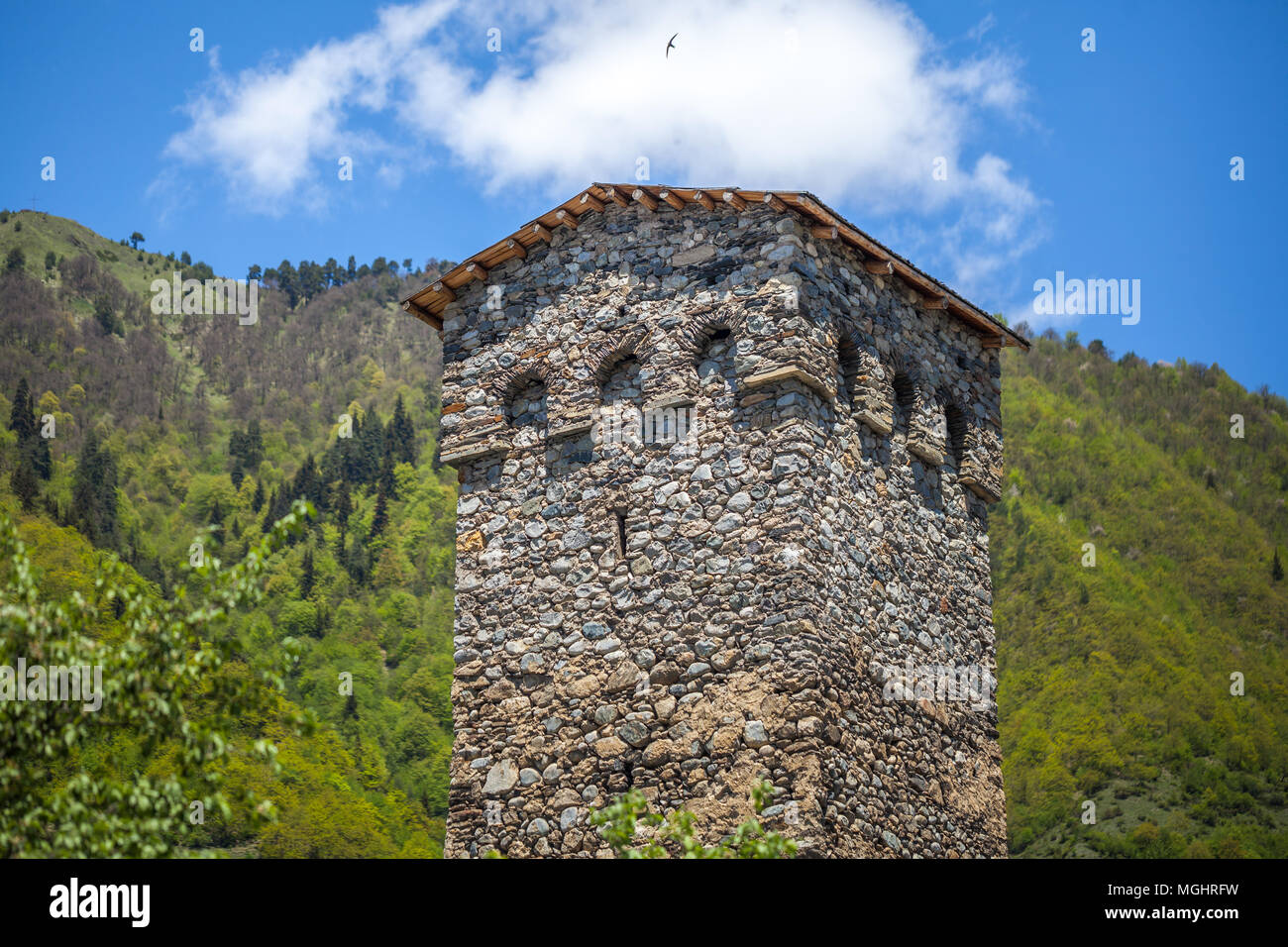 Towers of Mestia village in Svaneti area Caucasus mountains in Georgia ...