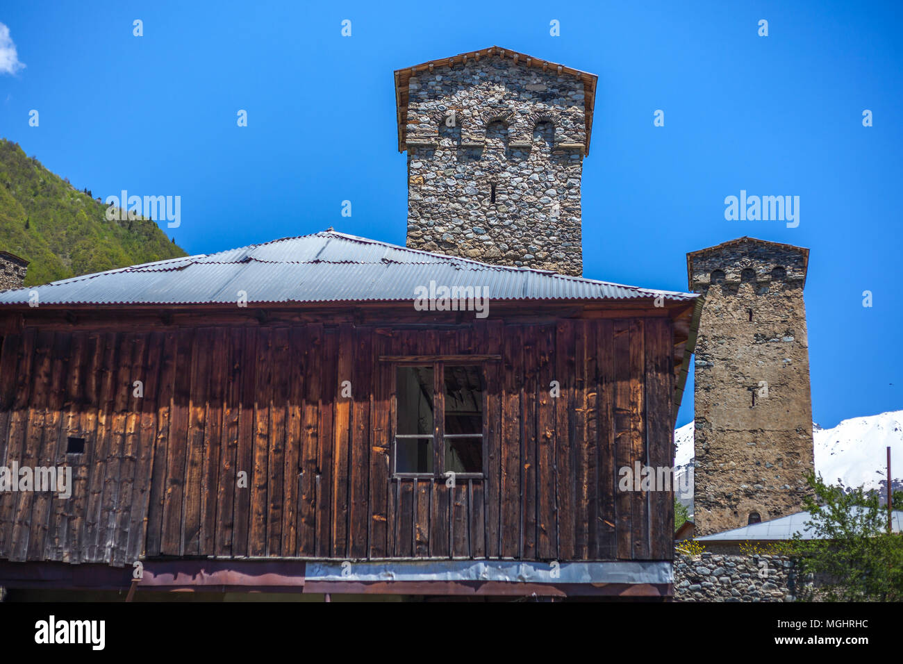 Towers of Mestia village in Svaneti area Caucasus mountains in Georgia ...