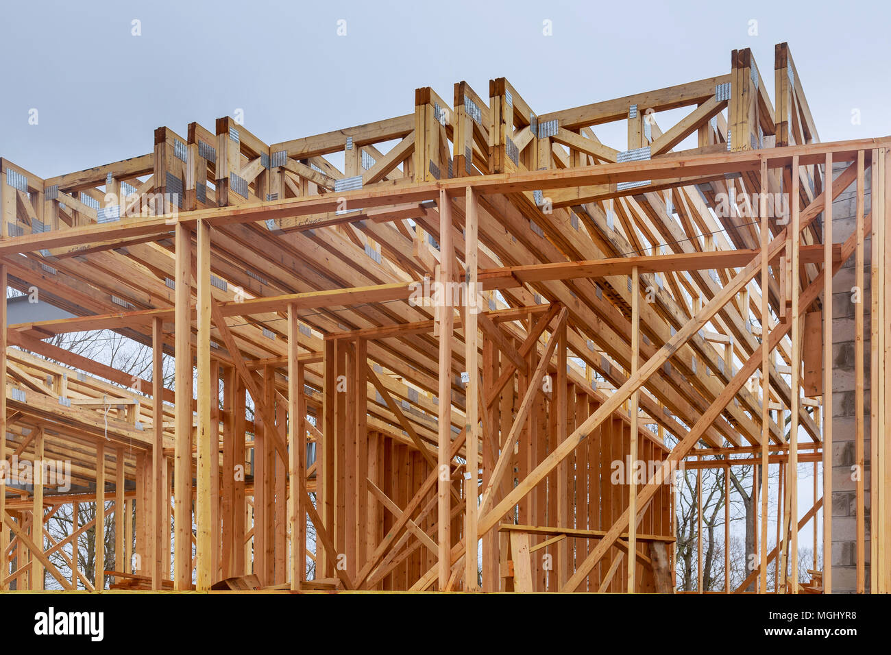 New residential construction house framing against a blue sky Stock ...