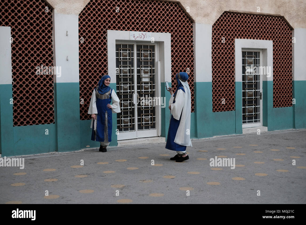 Arab Christian schoolgirls wearing biblical costume for a drama show at ...