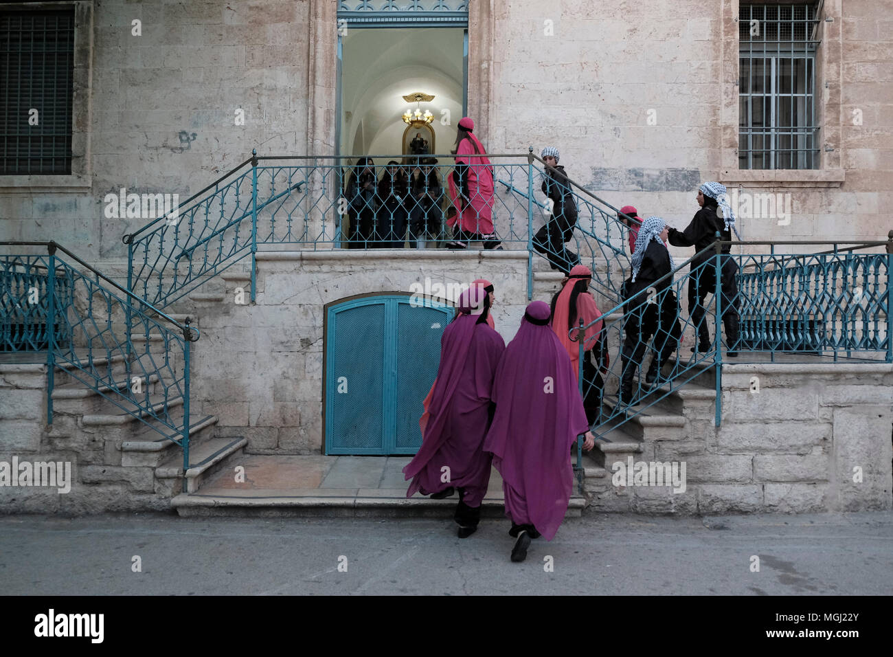 A group of Arab Christian schoolgirls wearing biblical costume for a ...