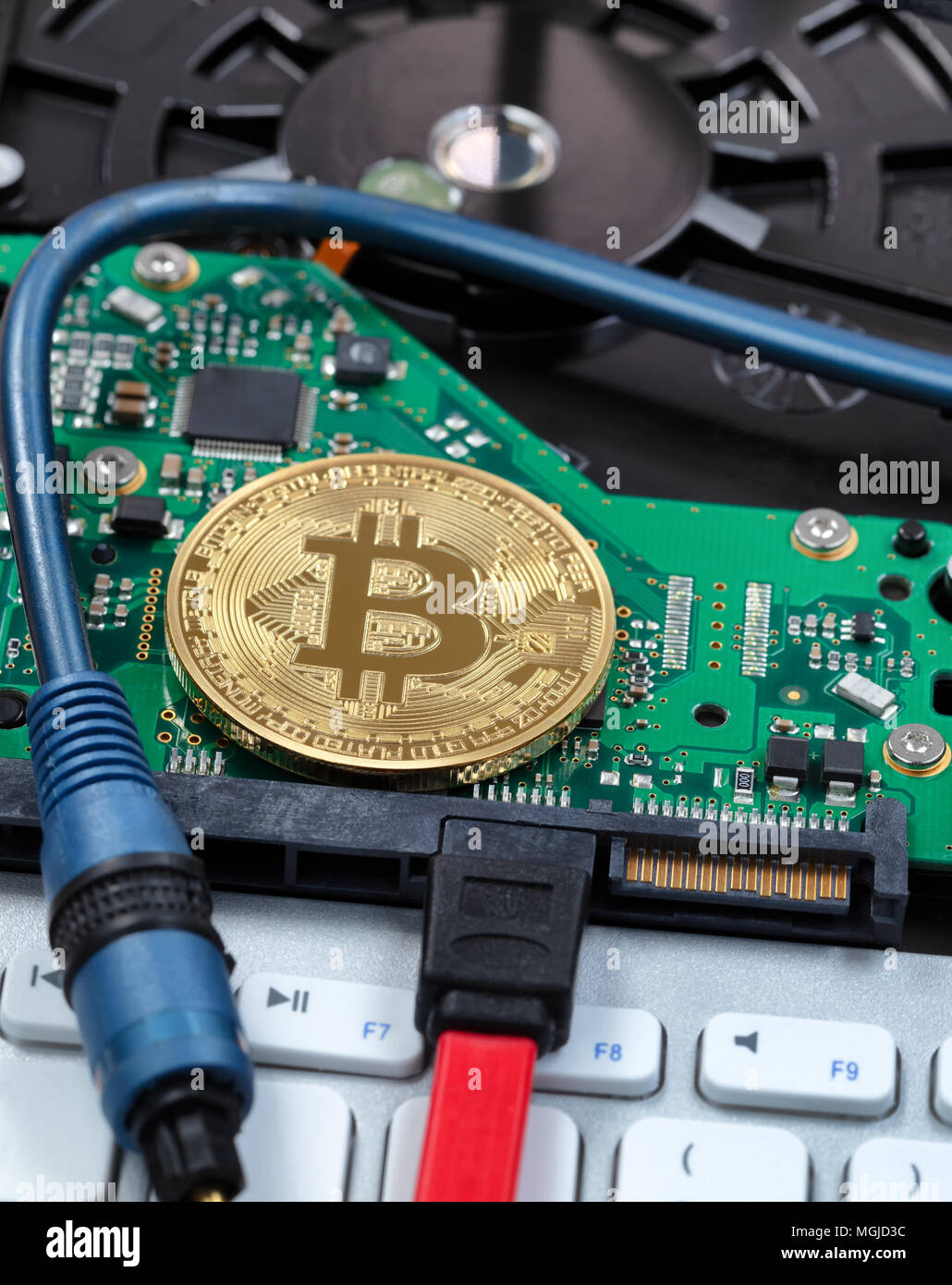 Close up view of cyber currency with modern computer technology Stock ...