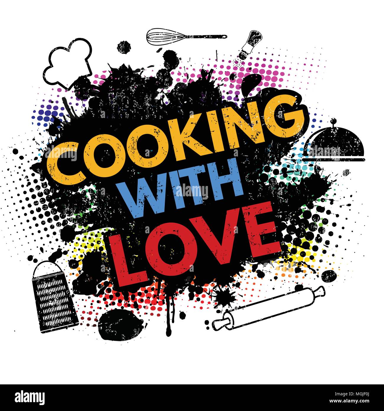 Cooking with love on black ink splatter background, vector illustration ...