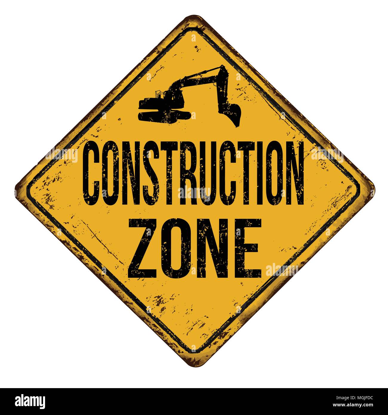 Construction zone vintage rusty metal sign on a white background ...