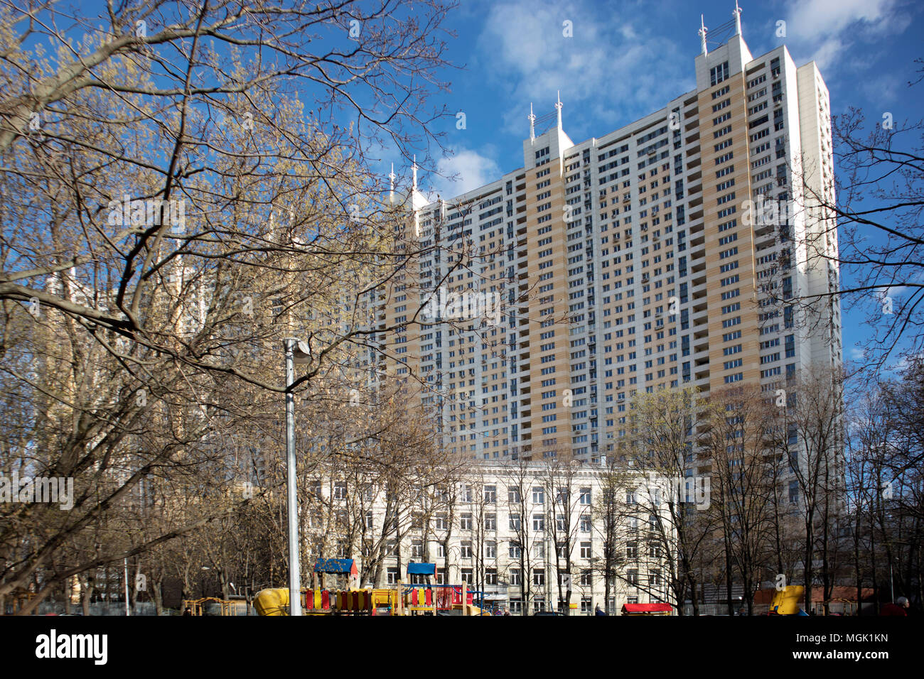 Moscow, Russia - April 28, 2018 Old five-story house of the Stalin era ...