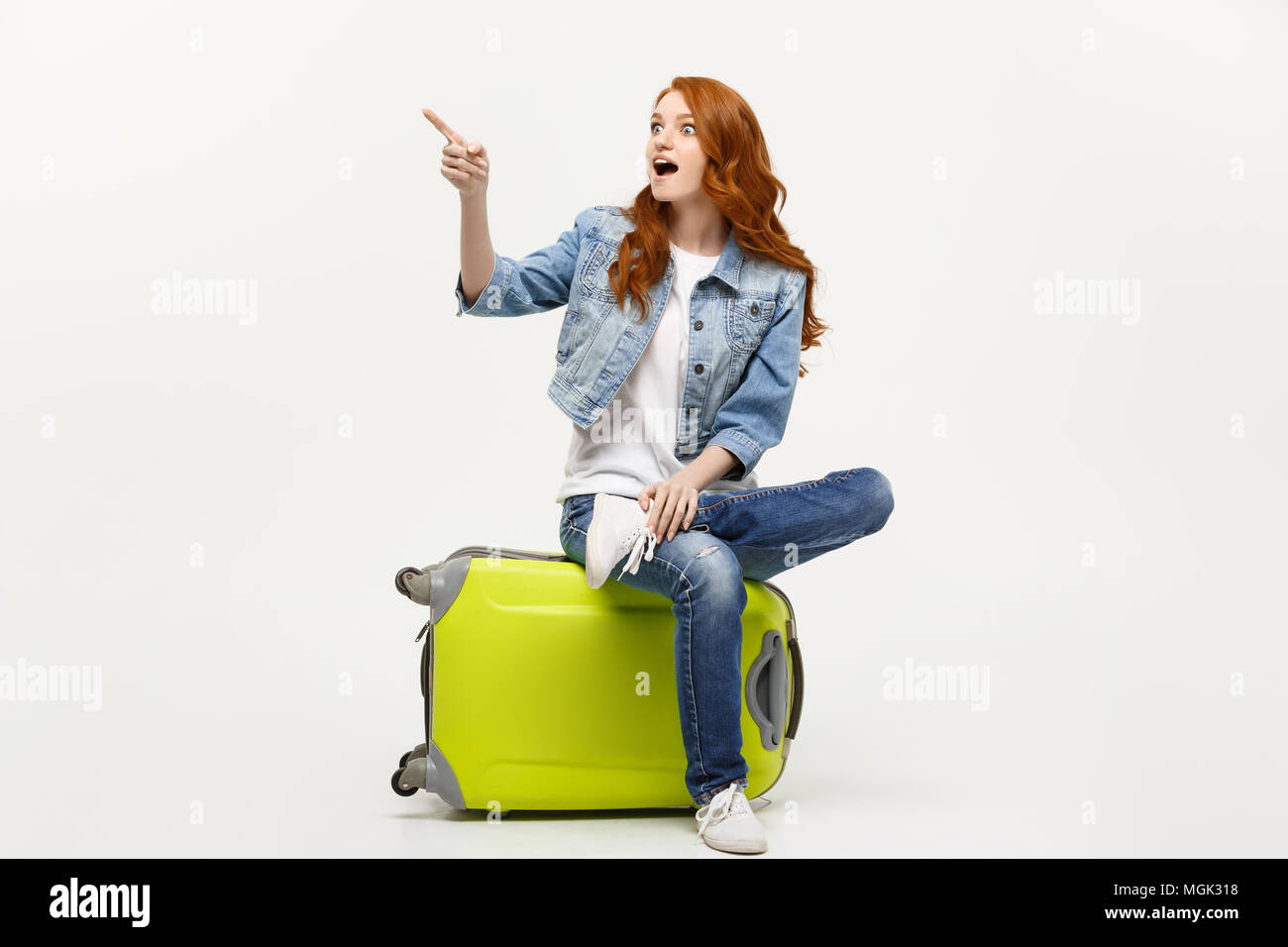 Travel and Lifestyle Concept: Young caucasian woman sitting on a ...