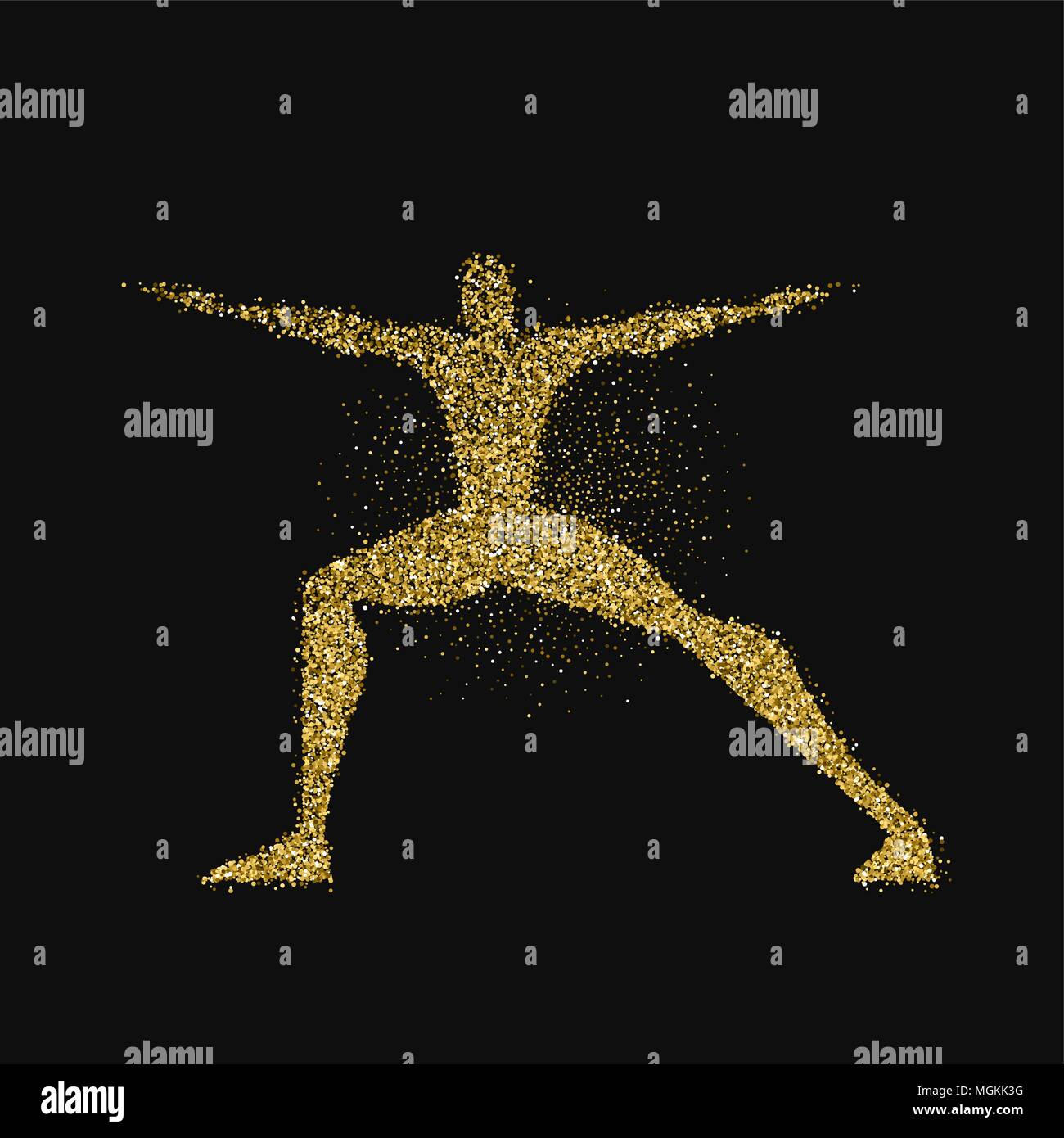 Yoga pose silhouette made of gold glitter dust on black background ...