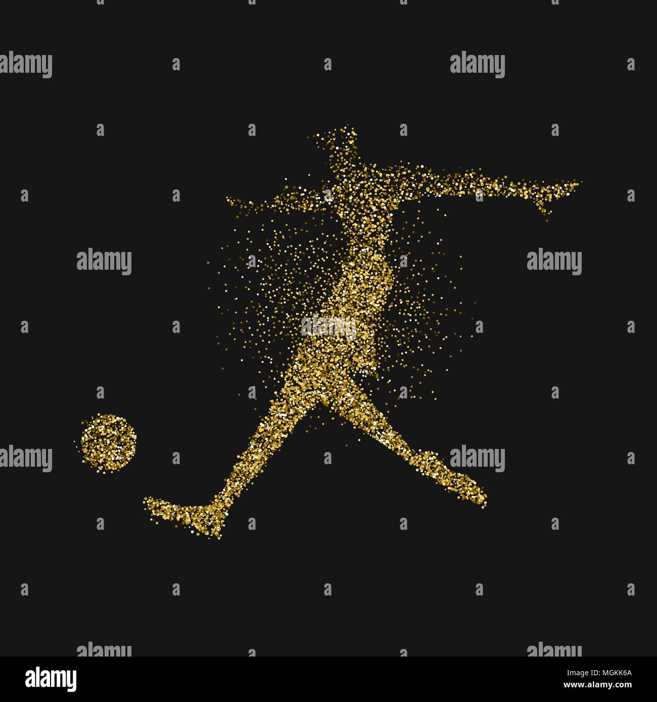 Soccer player man running with ball made of gold glitter dust splash ...