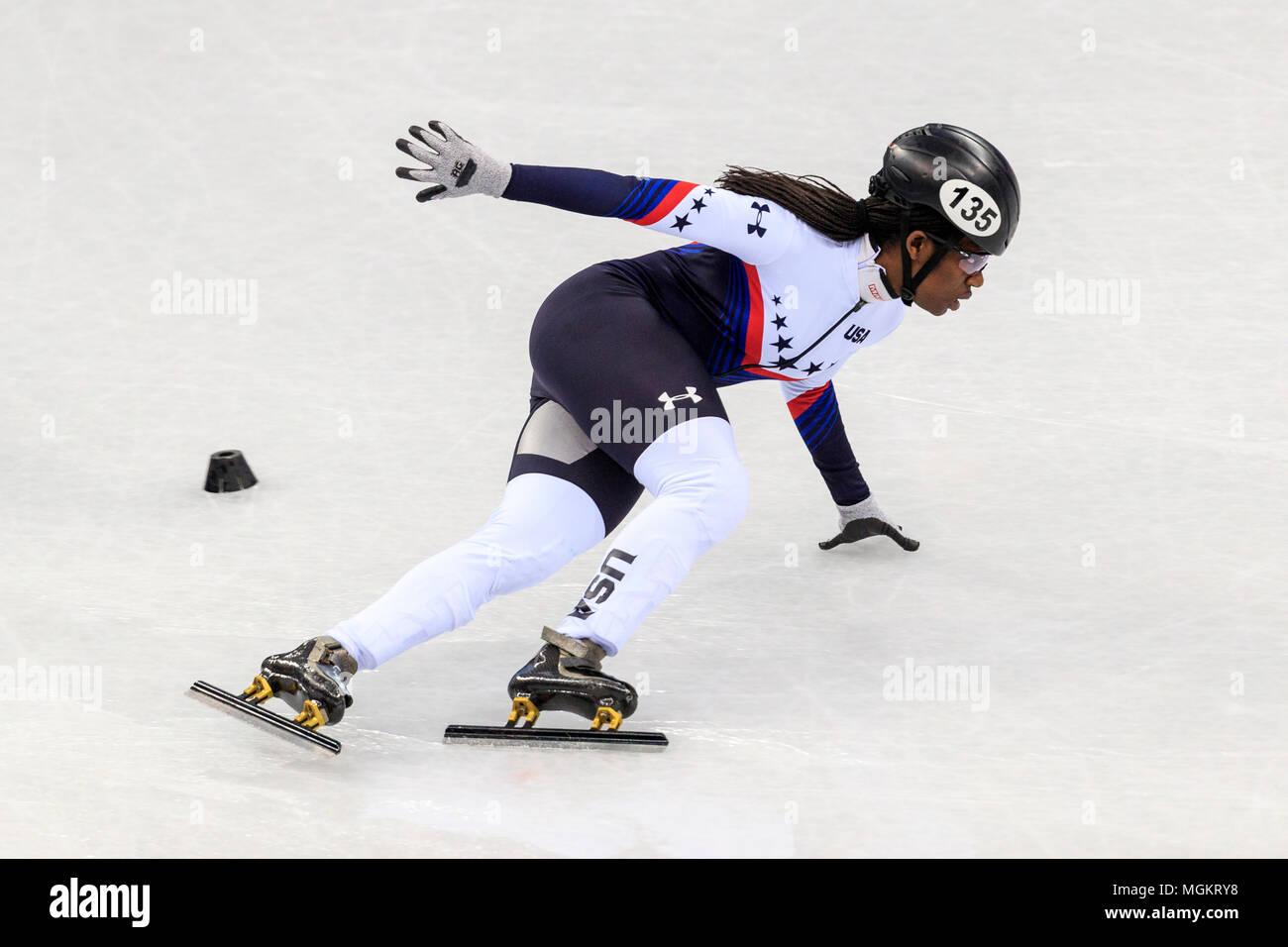Maame Biney (USA) #135 competing in the Women's 500m short track speed ...