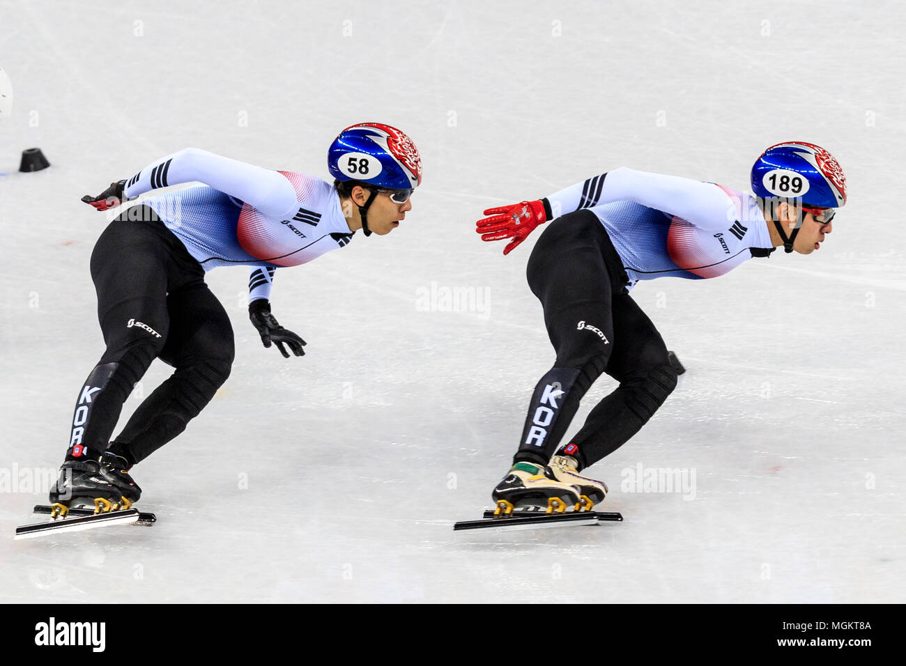 Lim Hyojun (KOR) #189, Hwang Daeheon (KOR) #58, competing in the Men's 1,500m short track speed ...