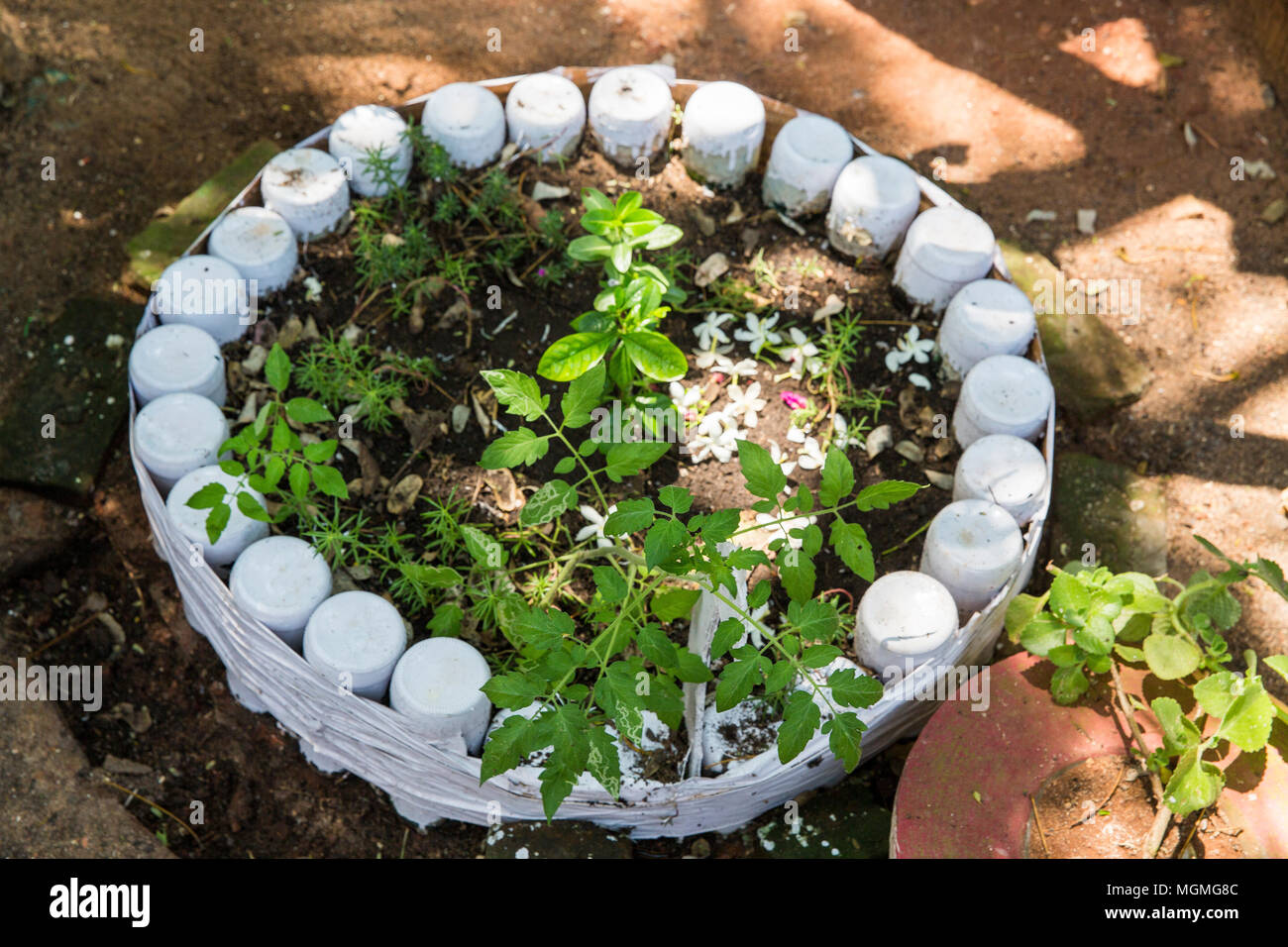 Unusual flower pot bed in the garden. A flower bed out of old water ...