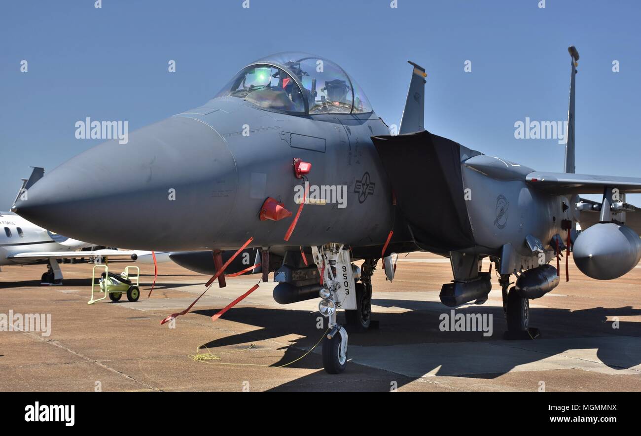 An Air Force F-15E Strike Eagle fighter jet on a runway at Columbus Air ...