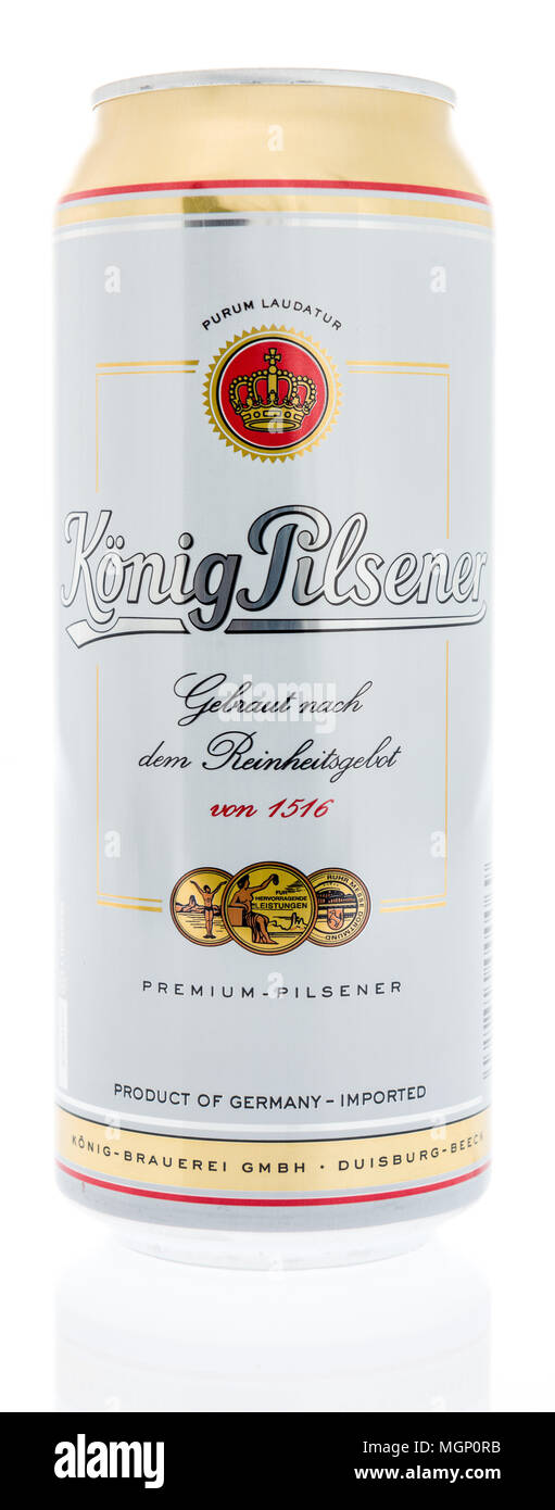 Winneconne, WI - 14 April 2018: A single can of Konig Pilsner beer on an isolated background ...