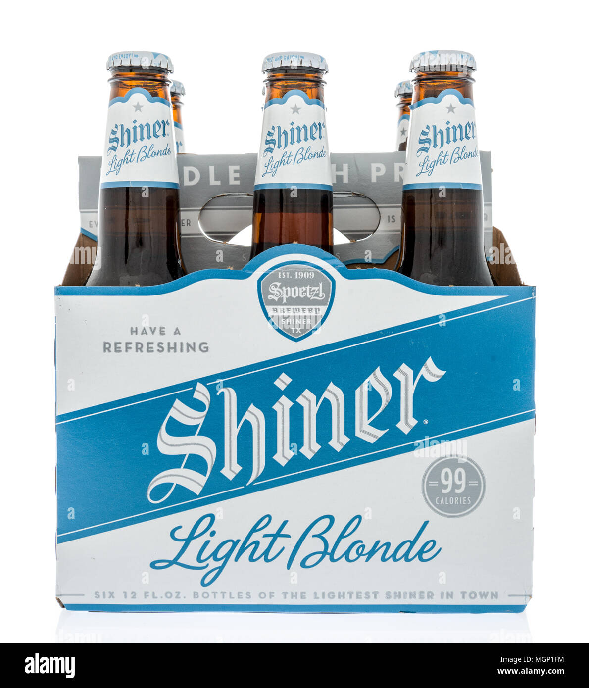 Winneconne, WI - 20 April 2018: A six pack of Shiner light blonde beer ...