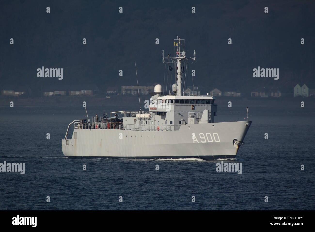 HNLMS Mercuur (A900), a submarine support vessel operated by the Royal Netherlands Navy, passing ...