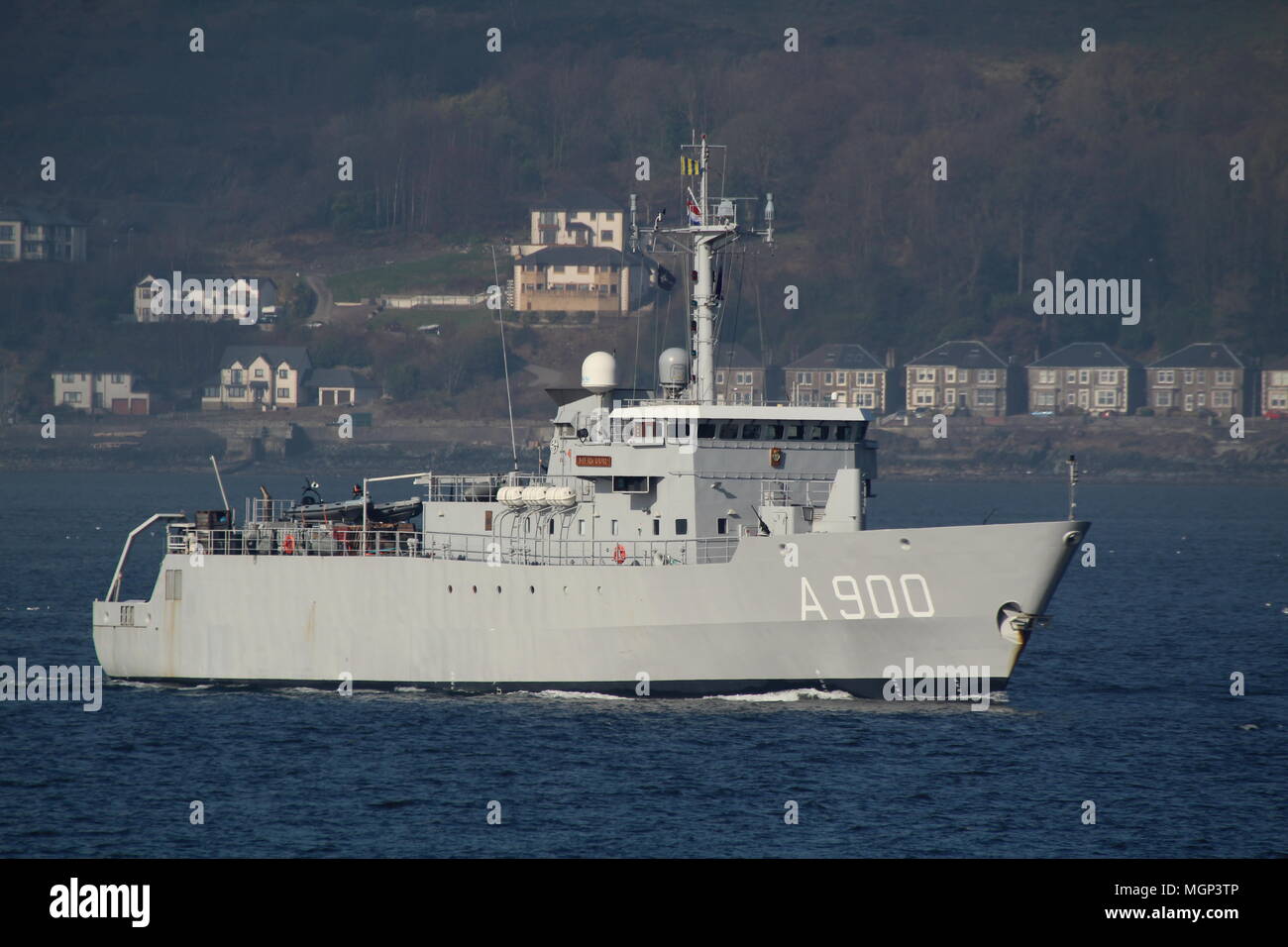 HNLMS Mercuur (A900), a submarine support vessel operated by the Royal Netherlands Navy, passing ...