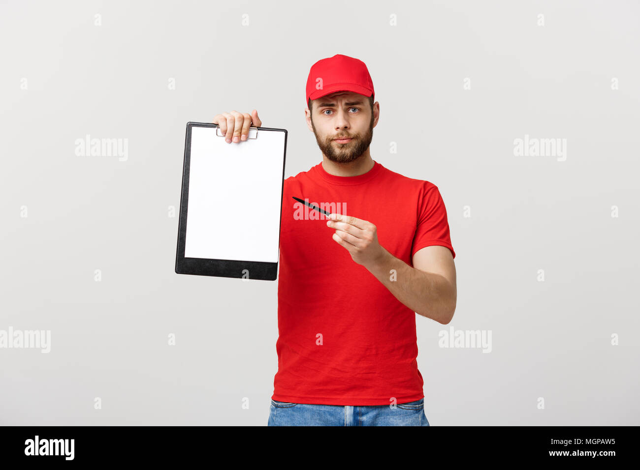 Delivery Concept: Portrait Young caucasian Handsome delivery man or ...