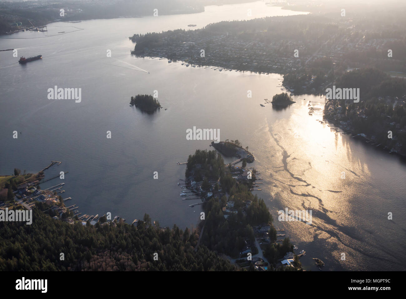 Aerial view of Deep Cove and Indian Arm during a Vibrant Sunset. Taken ...