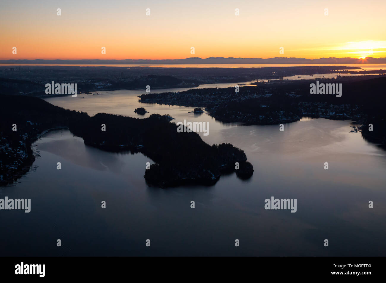 Aerial view of Deep Cove during a vibrant sunset. Taken in Vancouver ...
