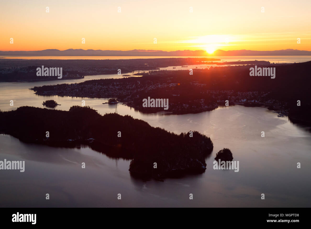 Aerial view of Deep Cove during a vibrant sunset. Taken in Vancouver ...