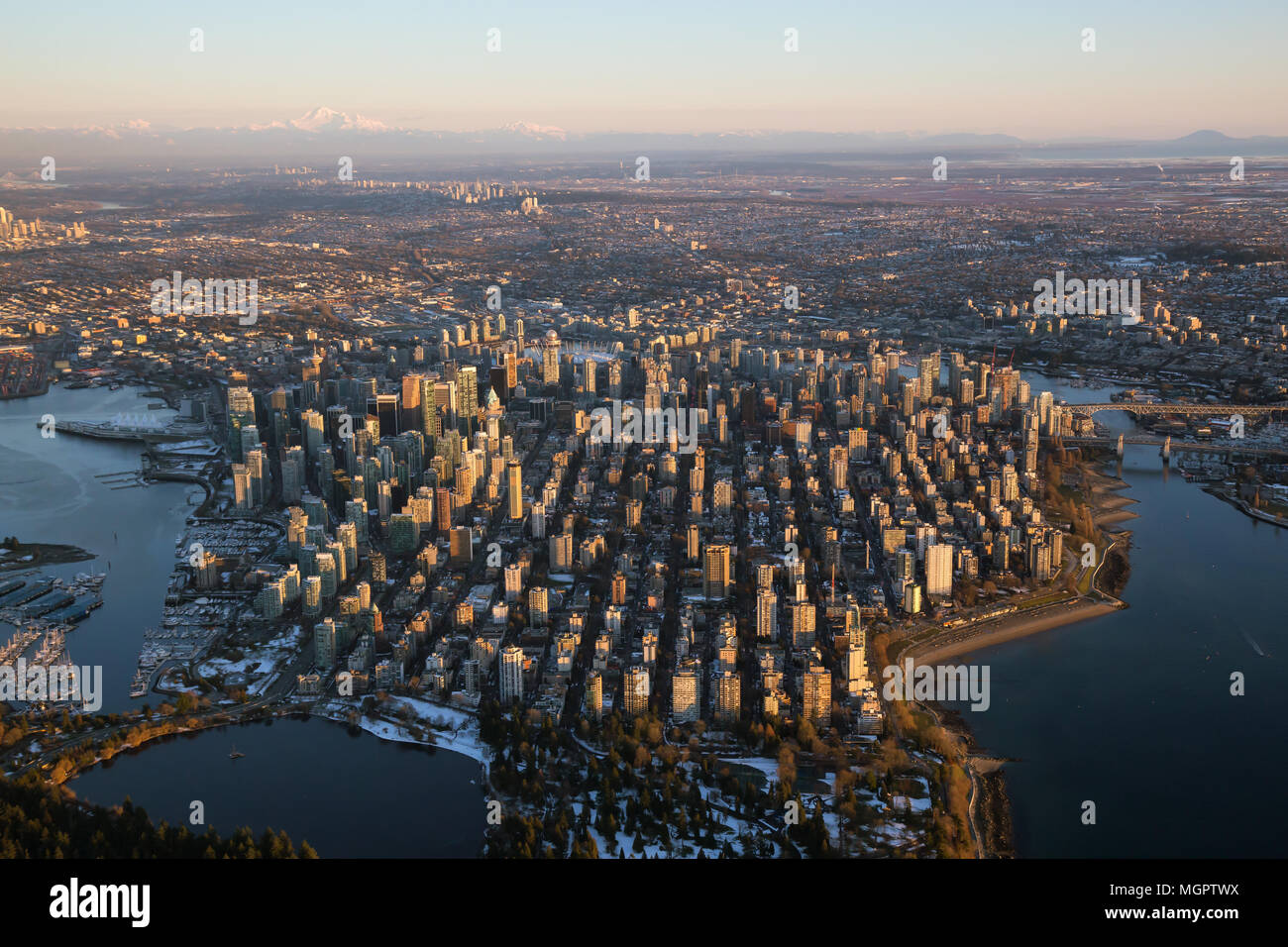 Aerial view of Downtown City during a vibrant sunset. Taken in ...