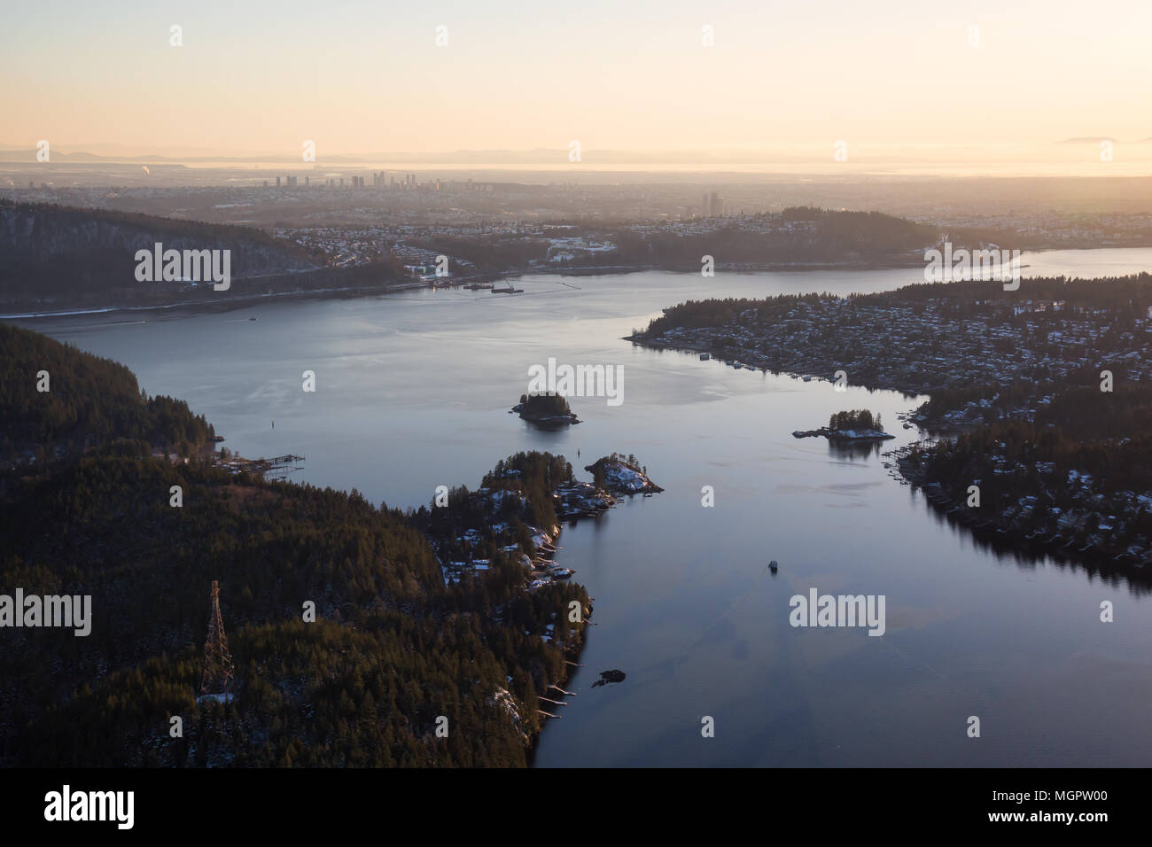 Aerial view of Deep Cove during a vibrant sunset. Taken in Vancouver ...