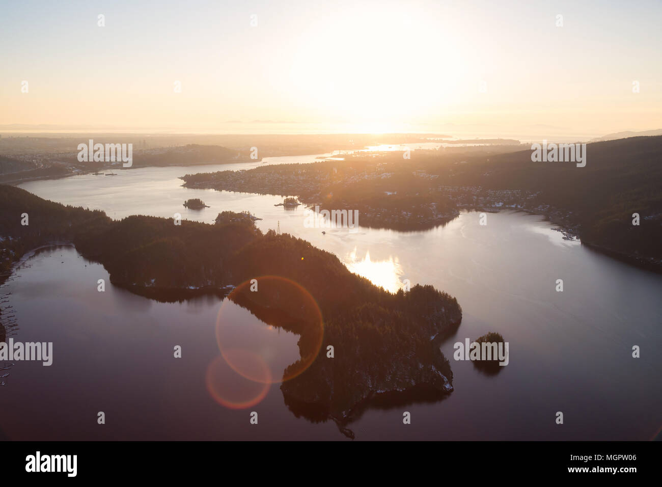 Aerial view of Deep Cove during a vibrant sunset. Taken in Vancouver ...
