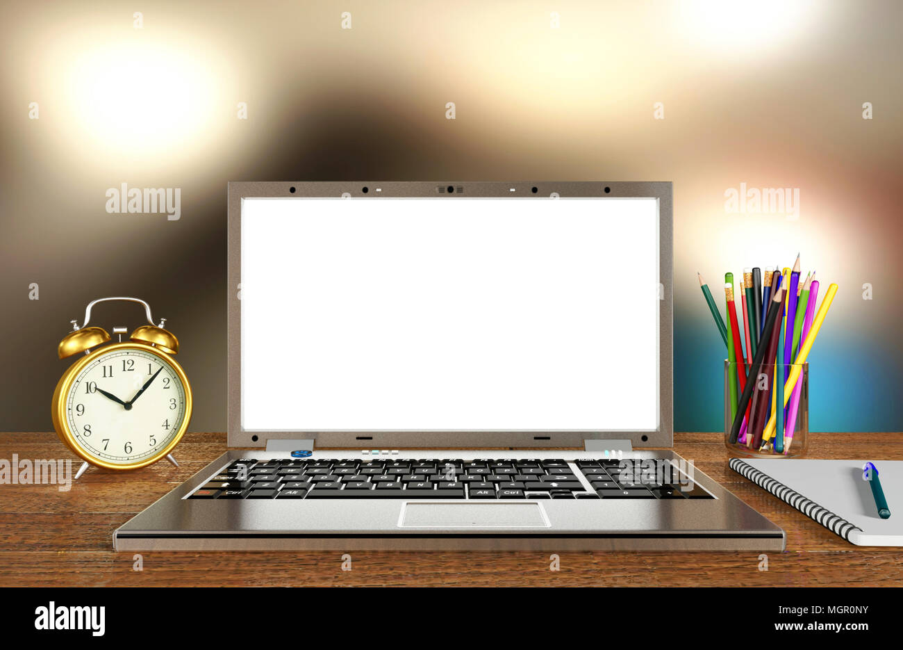 Notebook computer display for mock up on working table with blur background, 3D rendering Stock ...