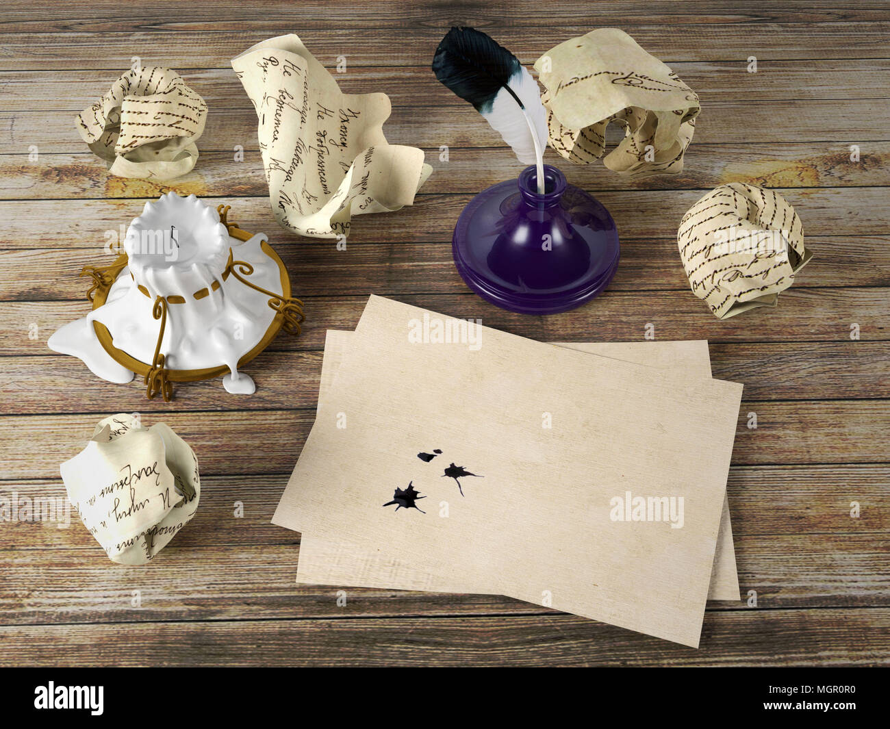 Blank letter paper on wood table with quill pen and inkwell Stock Photo ...