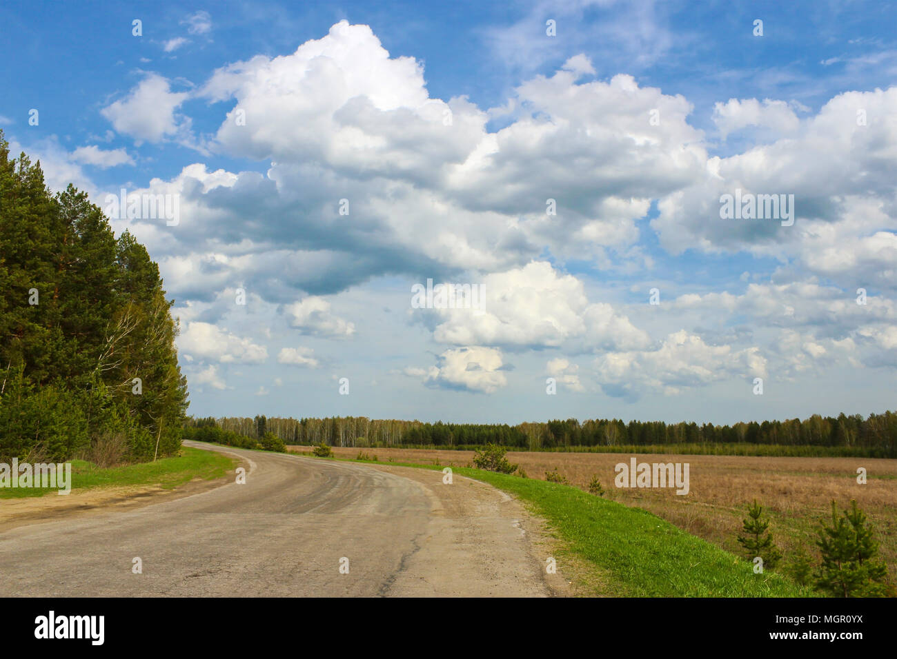 Landscape with road overlooking the forest, sky and clouds Stock Photo ...