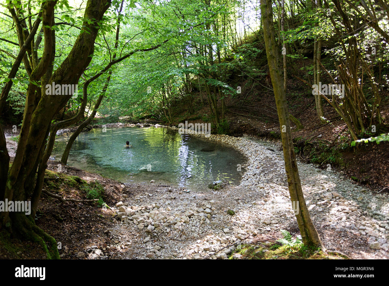 Young boy bathing in natural hot spring pool in the forest, Austria ...