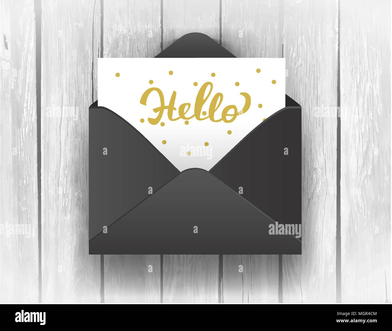Black opened envelope with Hello Lettering on wooden background Stock ...