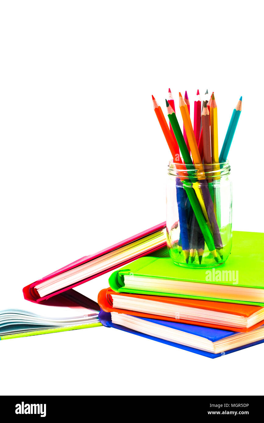 Books ,pen,pencil,Scissors and office equipment on board background ...