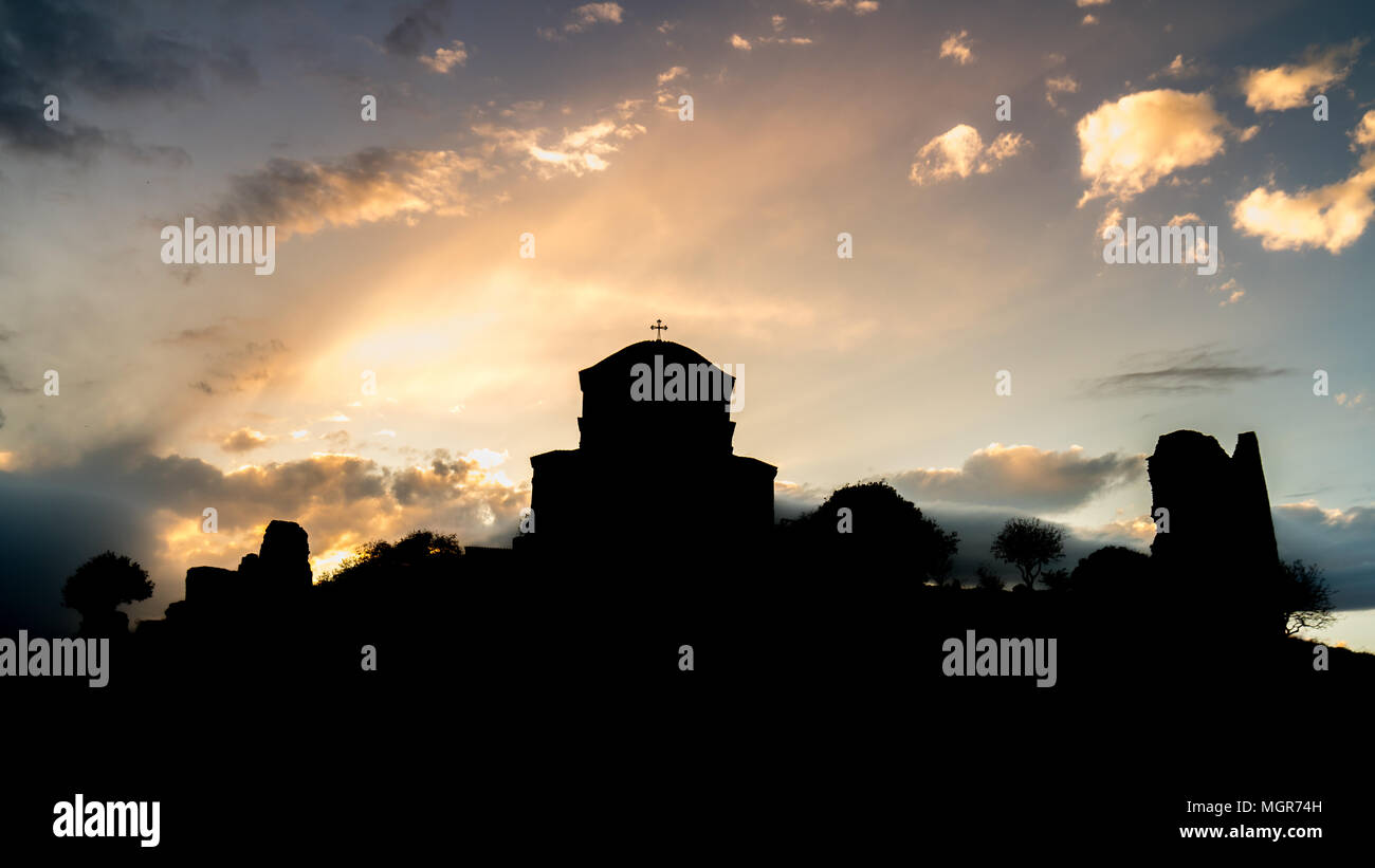 silhouette of the monastery of Jvari in the city of Mtskheta Stock ...