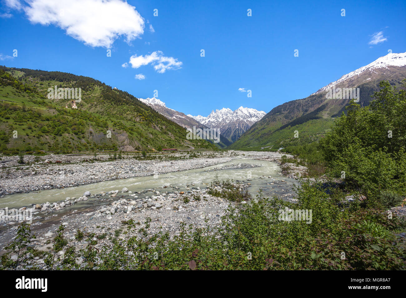 Bridge on the Enguri River in Mestia, beautiful mountains of svaneti ...