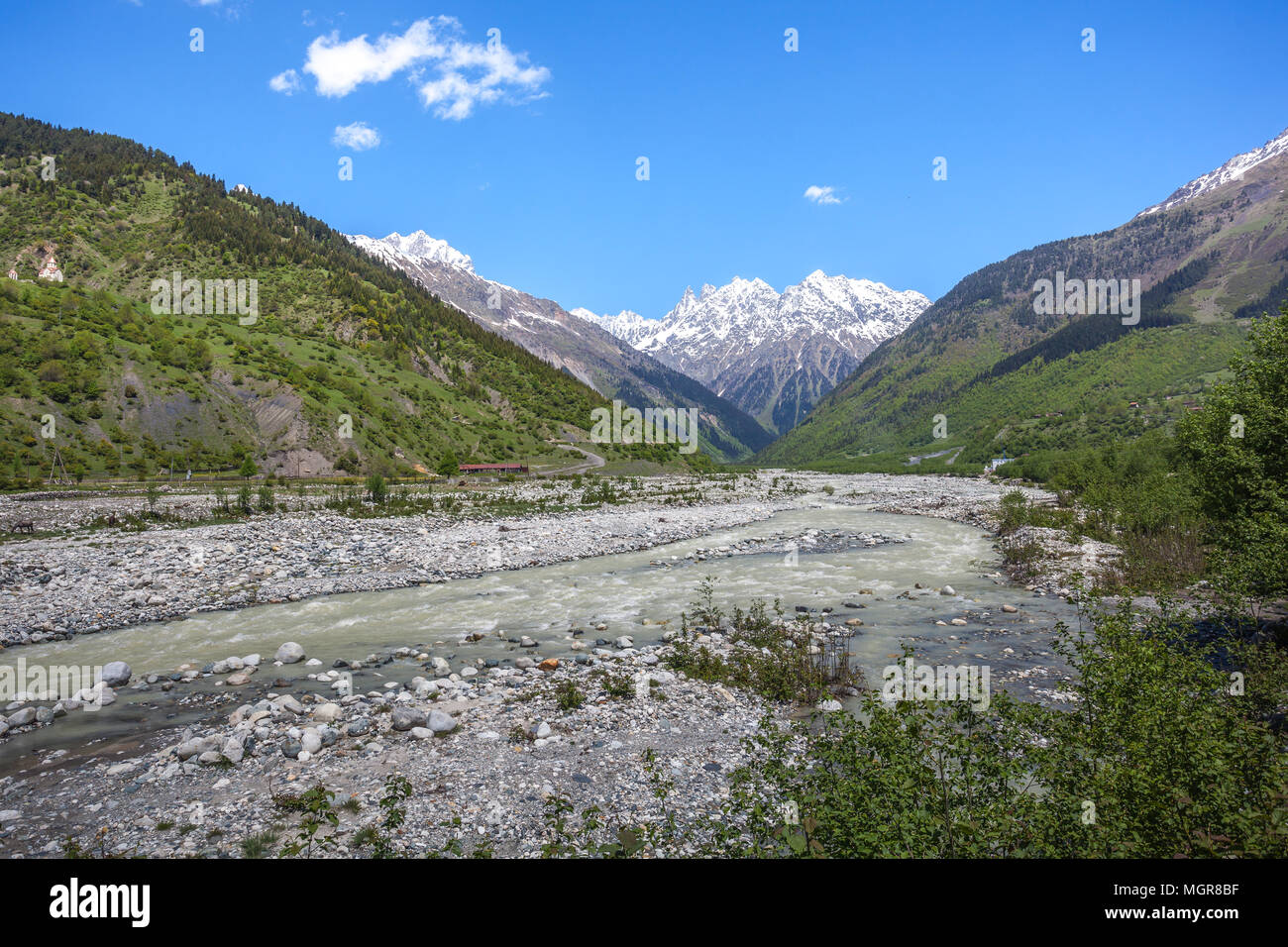 Bridge on the Enguri River in Mestia, beautiful mountains of svaneti ...