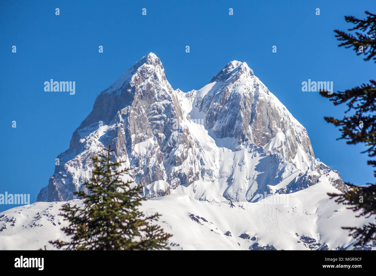 Peak of mount Ushba in Caucasus Mountains, Svanetia region in Georgia ...